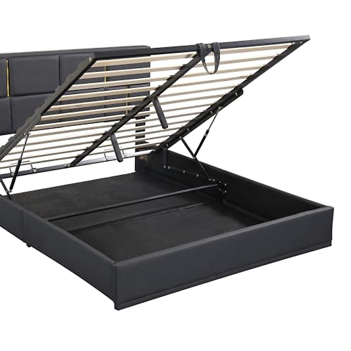 Goohome Modern Queen Size Upholstered Platform Bed with Hydraulic Storage System, Lift Up Storage Bed Queen Size with Headboard, Sturdy Wooden Platform Bed Frame for Teens Adults, Space Saving