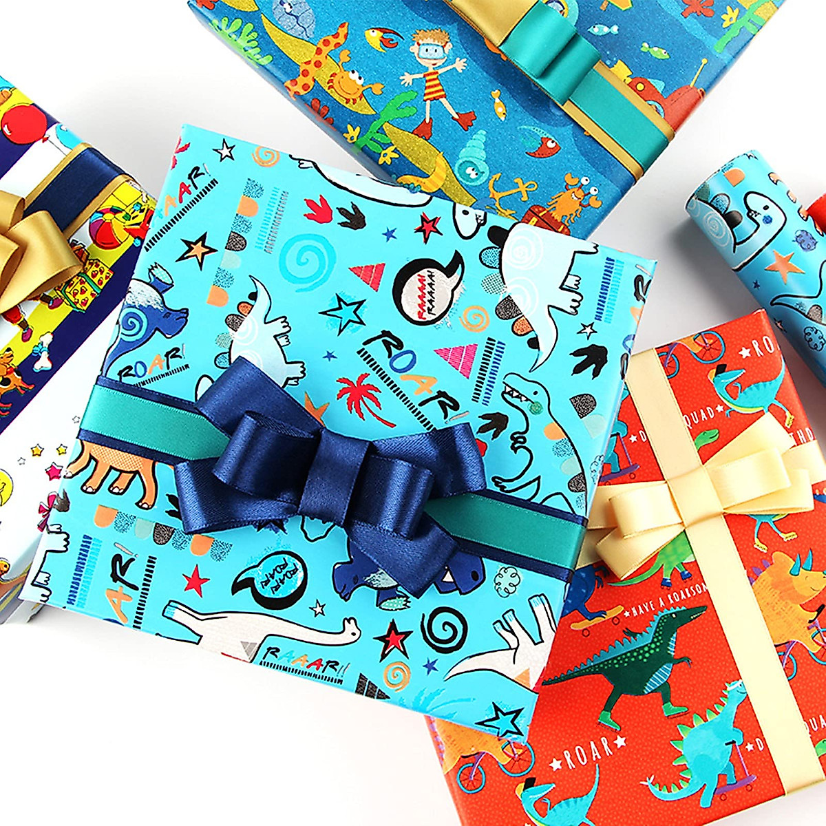 Kids Birthday Wrapping Paper for Boys Wrapping Paper Birthday Sheets-10 Pack Cute Animal Dinosaur Wrapping Paper for Boys,Toddlers,Girls,Children,Kids,Birthday,Baby Shower,Party,Dino Gift Wrapping Paper Kids for Present Wrapping Paper Birthday Boy-5 Style