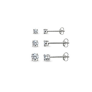 3 Pair Set Sterling Silver Cubic Zirconia Round Stud Earrings, 2mm 3mm 4mm