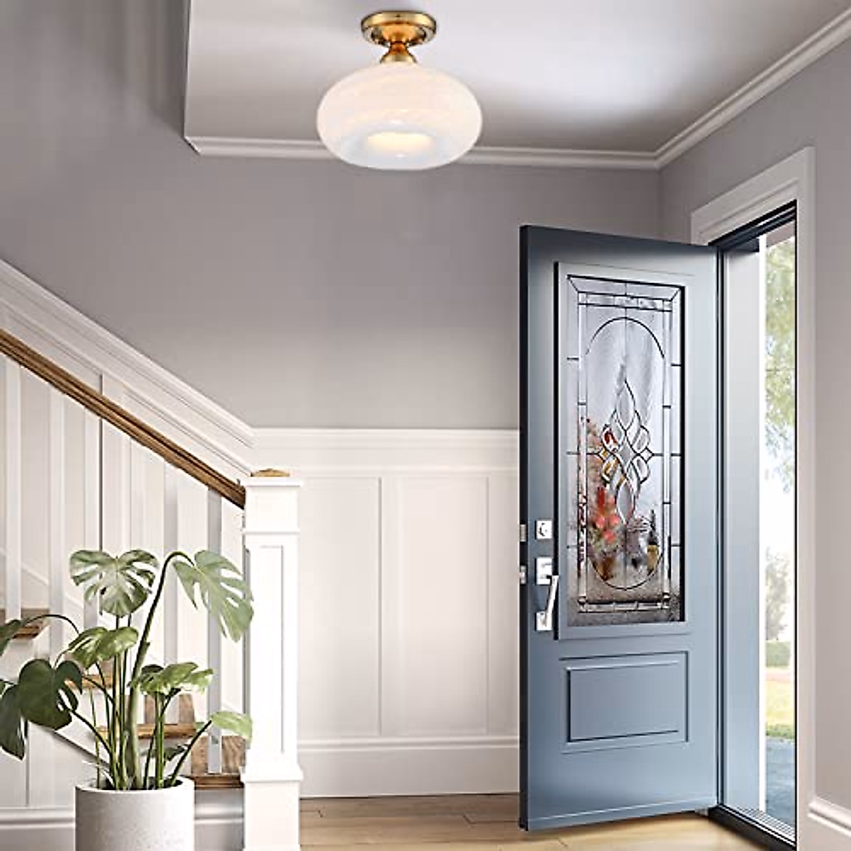 Pia Ricco Mid Century Semi Flush Mount Ceiling Light Gold, Globe Opal Glass Shade Ceiling Light Fixture, Modern Hallway Light Fixtures for Entryway Kitchen Bathroom Laundry Bedroom