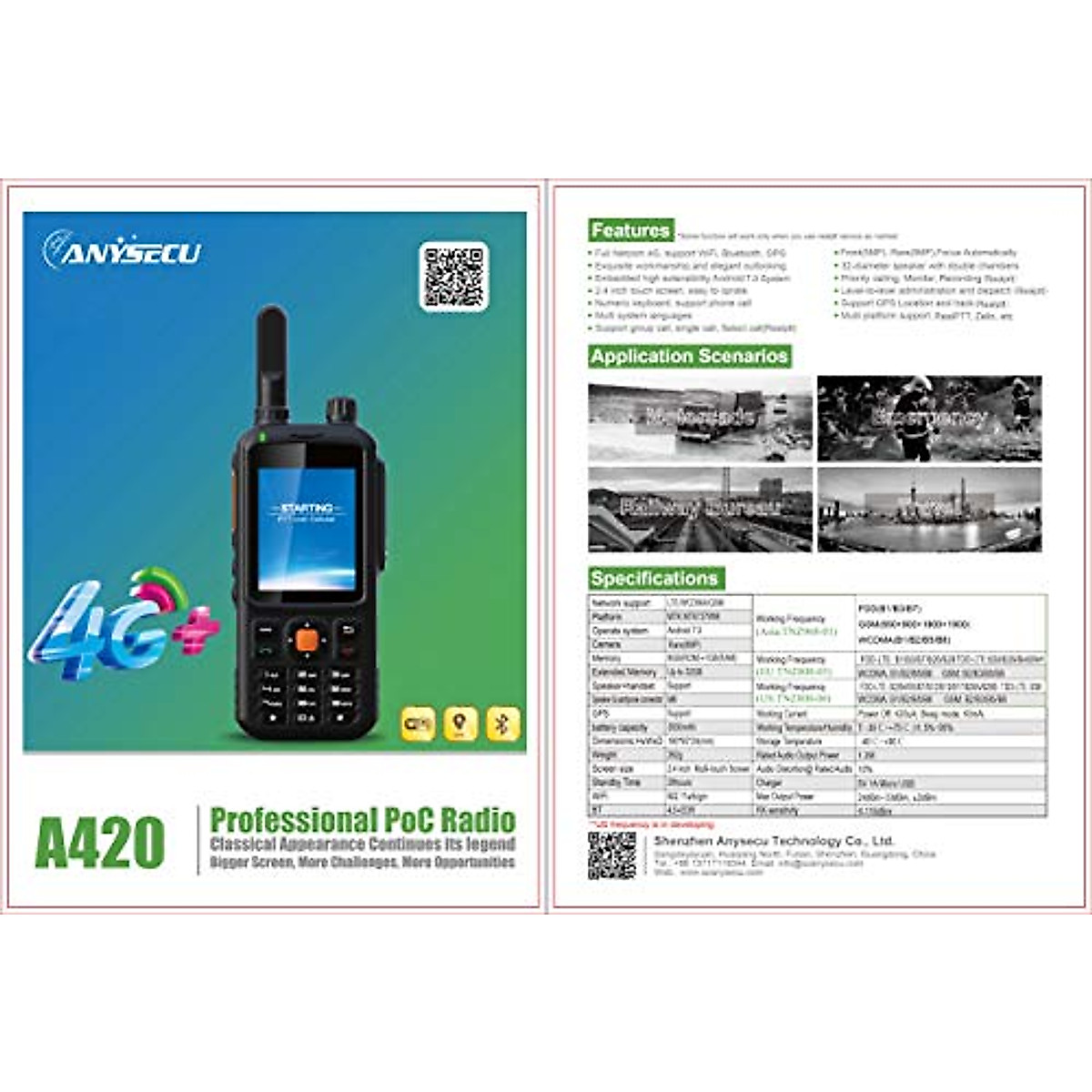 ANYSECU A420 LTE 4G POC PTT Network Radio Dual Sim Card WiFi Radio Unlocked GSM Compatible with Zello Real PTT
