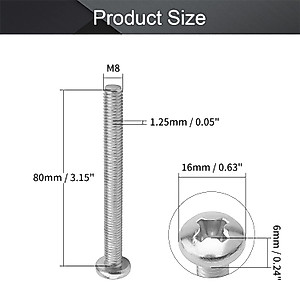 MroMax 3Pcs M8 x 80mm Pan Head Phillips Machine Screws, 304 Stainless Steel 18-8, Fully Thread, Metric Silver Gray Cross Head Screws Bolts