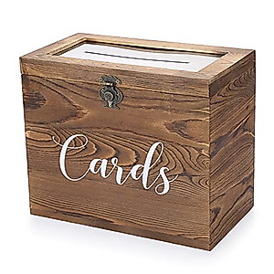 JUXYES Vintage Wedding Card Box With Lock, Solid Wood Antique Wedding Card Holder With Acrylic Lid, Retro Decorative Party Cards Wedding Cards Holder Box for Reception