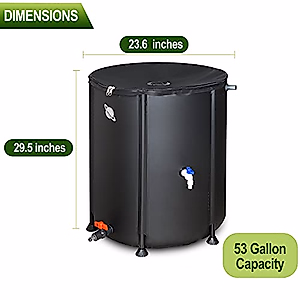 53 Gallon Portable Rain Barrel Water Tank - Collapsible Rainwater Collection System Storage Container - Water Collector Barrels Include Two Spigots and Overflow Kit - Comes with 25 Garden Labels