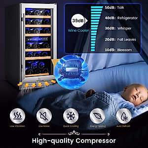 ORALNER 15“ Dual Zone Wine Cooler Refrigerator, 30-Bottle Built-in Beverage Wine Fridge w/Removable Wooden Shelves, Lockable Glass Door, Blue LED Interior Lights, Drink Wine Cellar for Kitchen Bar