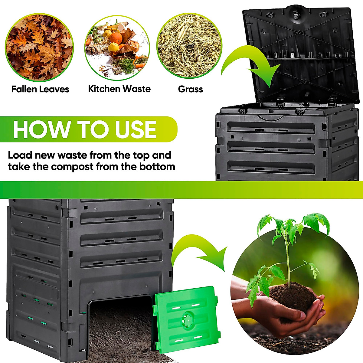 120 Gallon (450L) BPA Free Garden Compost Bin - Easy Assembly, Aerating Outdoor Compost Box for Fast Fertile Soil Creation