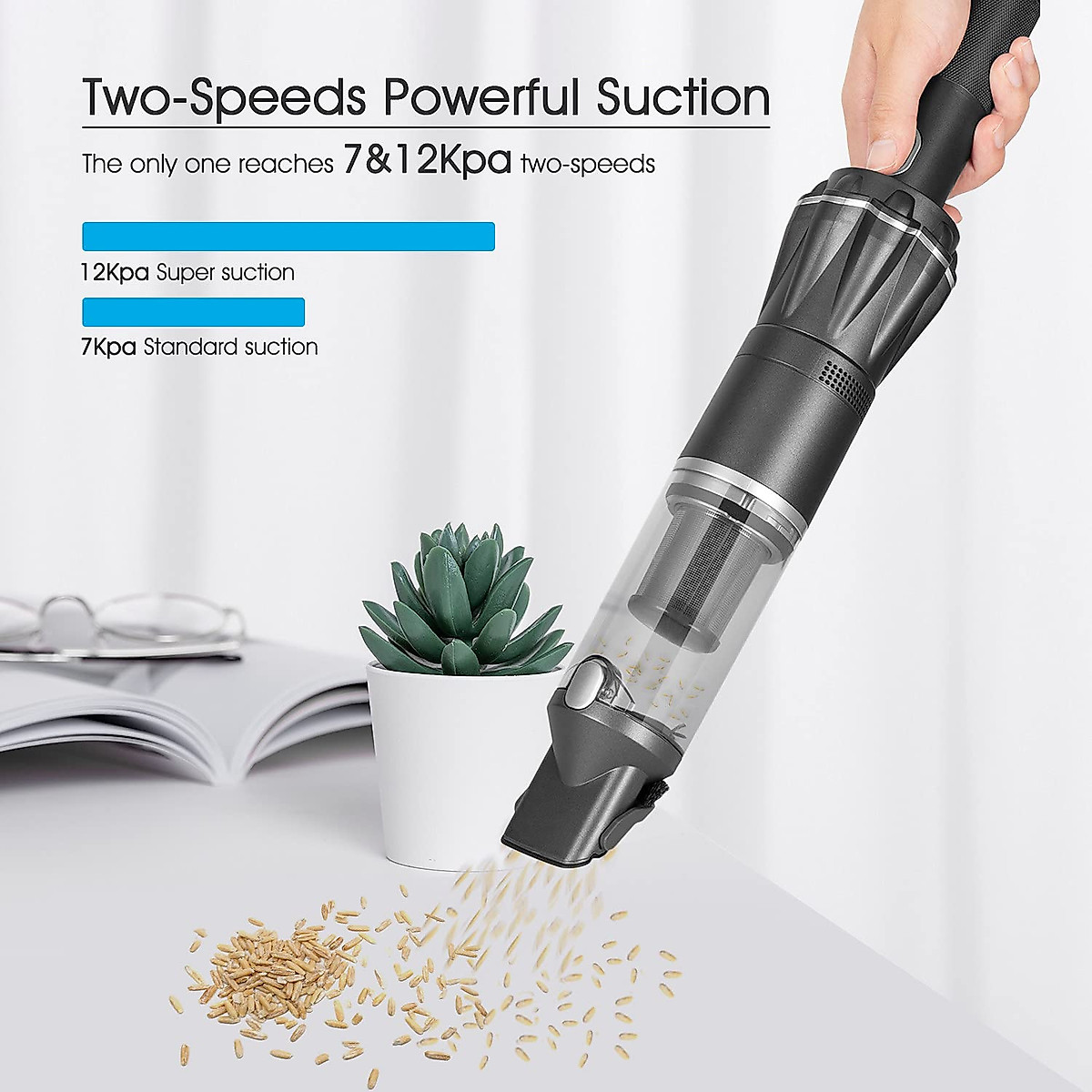 MMOOSOO Handheld Vacuum Cordless 12KPa, Lightweight Hand Vacuum Cleaner with Upgraded Brushless Motor and Single Touch Empty, Car Vacuum Cordless with Car Charger/Charging Dock