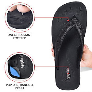 AEROTHOTIC Slip On Recovery Footwear Plantar Fasciitis Flip Flops for Women Yoga Mat Outdoor Walking Beach Ladies Arch Support Summer Thong Dressy Casual Sandals (Crystal Black, Size 7)