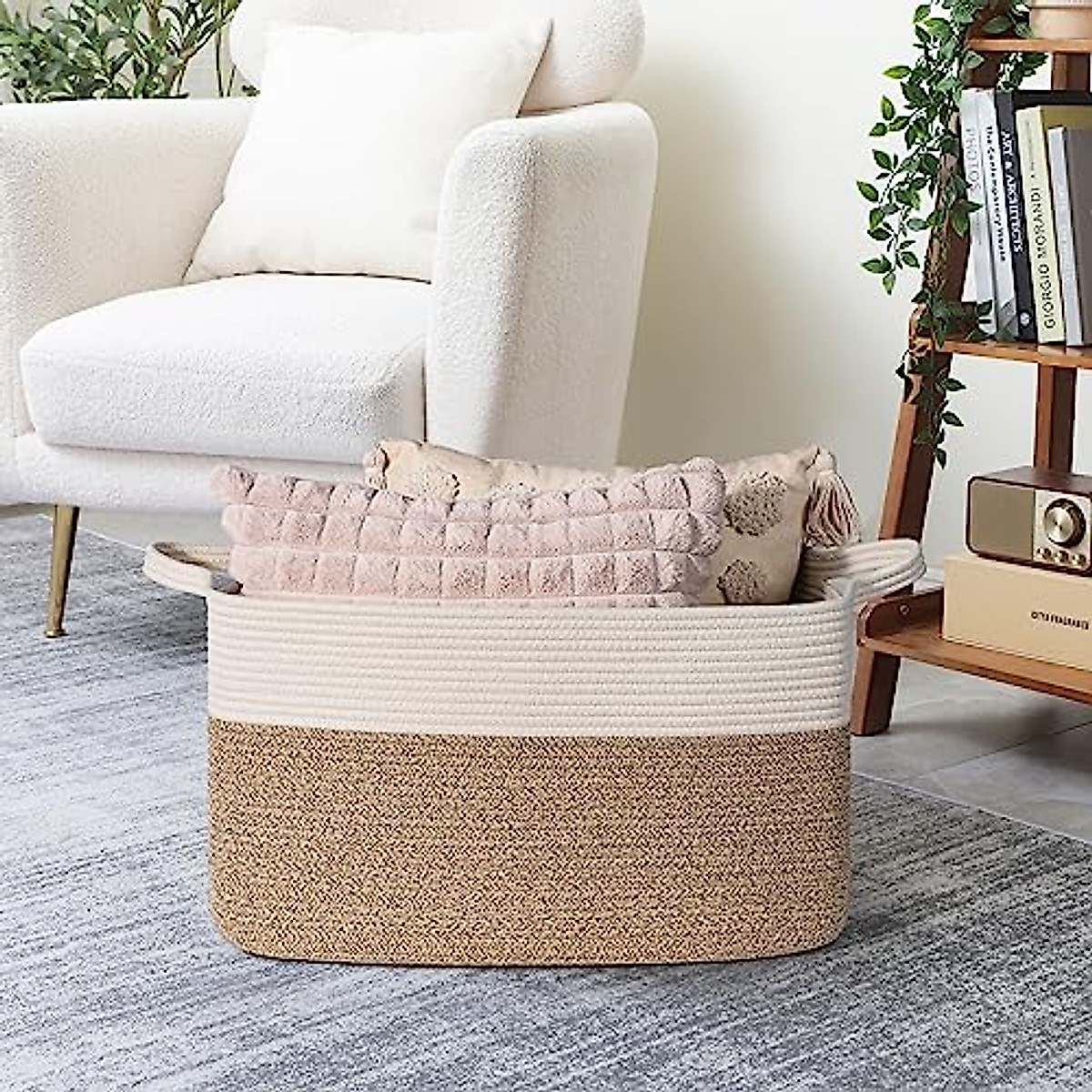 Goodpick Large Blanket Basket, Woven Basket for Storage Rectangle Dirty Clothes Basket for Laundry, Living Room, Nursery, Bedroom Rope Storage Basket for Blankets, Toys, 21.6" x 14.9" x 11.8", 65L