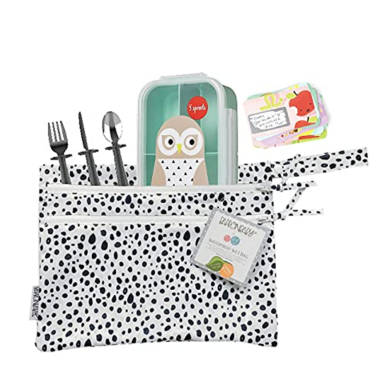 BapronBaby Organic Dot Wet Dry Bag - Waterproof Two Zipper Pockets - Reusable for Mealtime, Diapers, Stroller, Snacks, Swimsuits - Machine Washable - 11" x 9"