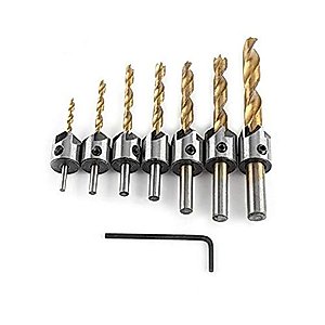 TOOLSTAR Countersink Drill Bit, 7PCS 3-10mm Woodworking Chamfer Counter Bit Set Adjustable Carpentry Reamer Plated for Wood DIY with 1 Hex Key Wrench (Titanium Coated)