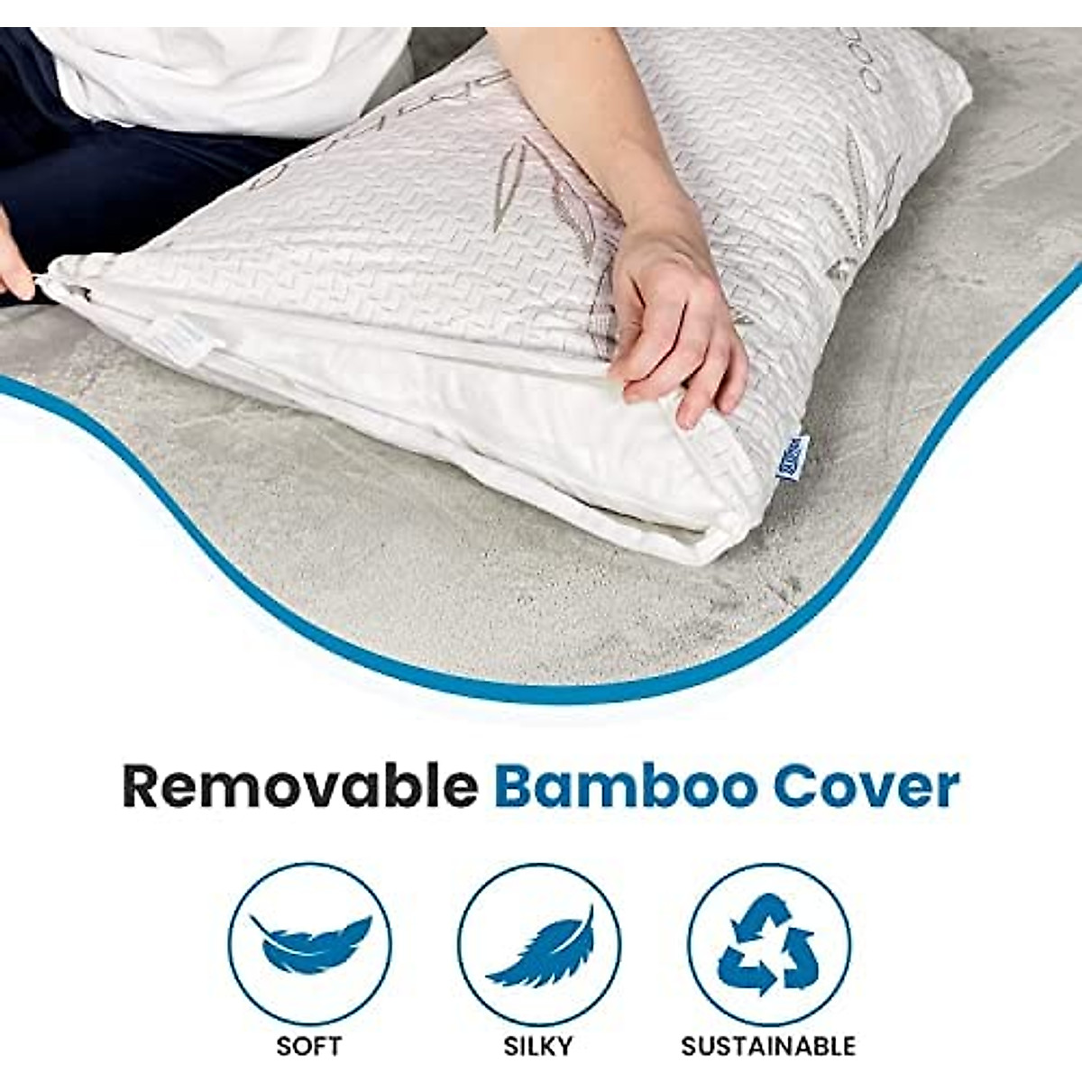 Sleepsia Standard Size Rayon Derived from Bamboo Pillow - Adjustable Shredded Memory Foam Neck Support Pillow, Breathable Pillow for Side, Back & Stomach Sleepers - Sleeping Pillow with Washable Cover