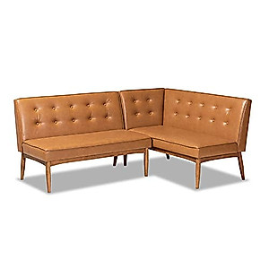 Baxton Studio Arvid Mid-Century Modern Tan Faux Leather Upholstered and Walnut Brown Finished Wood 2-Piece Dining Corner Sofa Bench