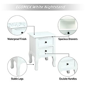 ECOMEX White Nightstand with 2 Drawers, Wooden Night Stand Fully Assembled White Night Stand with Storage for Small Space Bedroom Office, European Style 1Pc