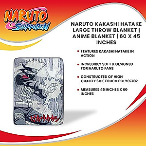JUST FUNKY Naruto Kakashi Hatake Anime Fleece Throw Blanket | Naruto Blanket Kakashi Sensei Soft Blankets and Throws | Official Naruto Throw Blanket | Measures 60 x 45 Inches