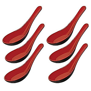 Happy Sales Melamine Soba, Rice Spoons, Chinese Won Ton Soup Spoon, Asian Red and Black, 6 Pack Plain Style