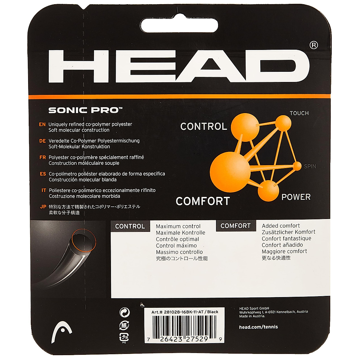 HEAD Sonic Pro Tennis Racket String 40' Set - 17 Gauge Monofilament Racquet String, Black