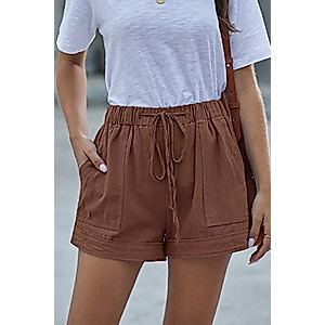 Acelitt Women's Ladies Plus Size 2024 Summer Fashion Casual Shorts Comfy Trendy Drawstring Summer Elastic Waist Beach Linen Shorts Brown XXL