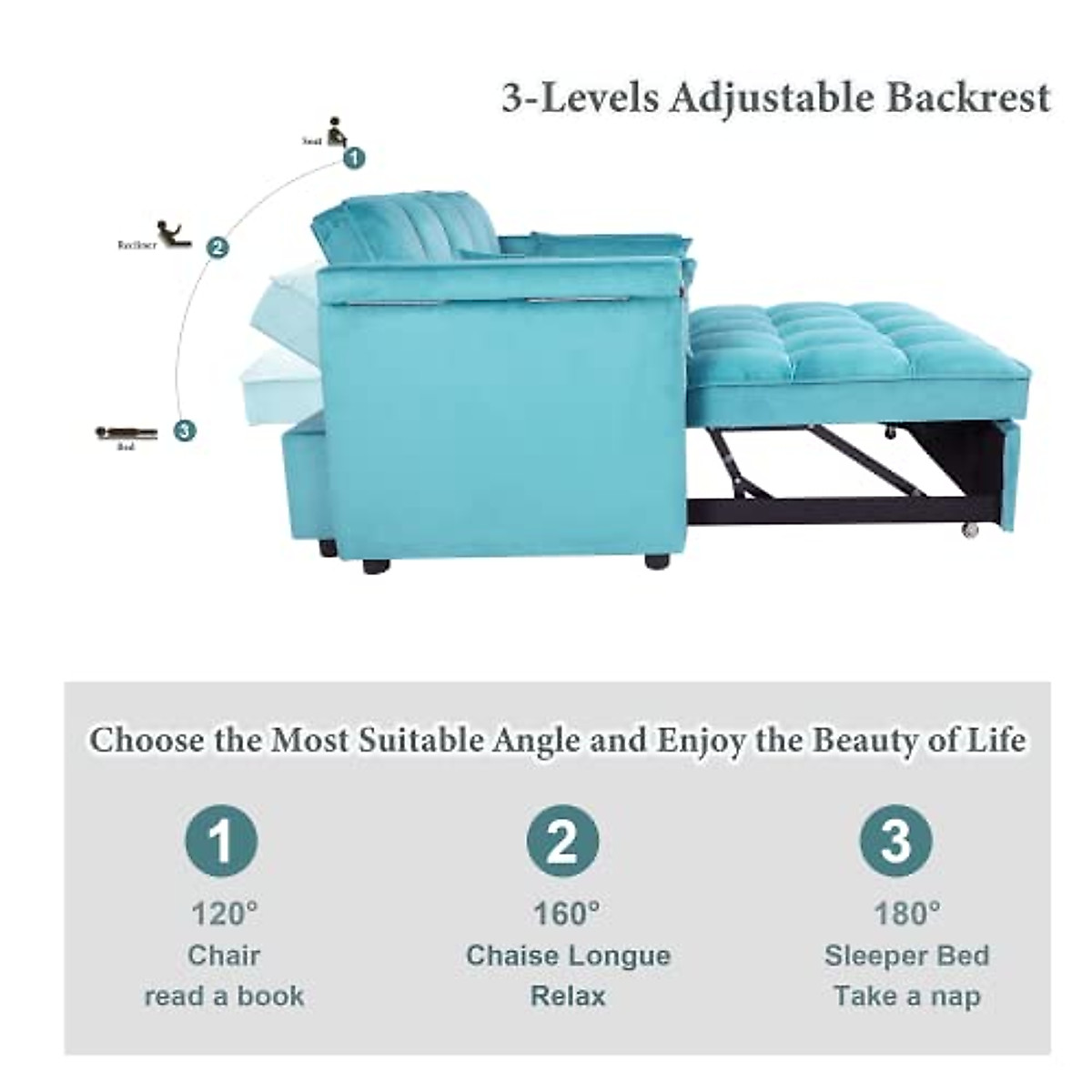 ORRD Convertible Sofa Bed, 3-in-1 Multi-Functional Velvet Sleeper Couch Pull-Out Bed, 48'' Bed Chaise Lounge with Adjustable Backrest and Pillows, Hidden Side Table for Living Room, Small Space