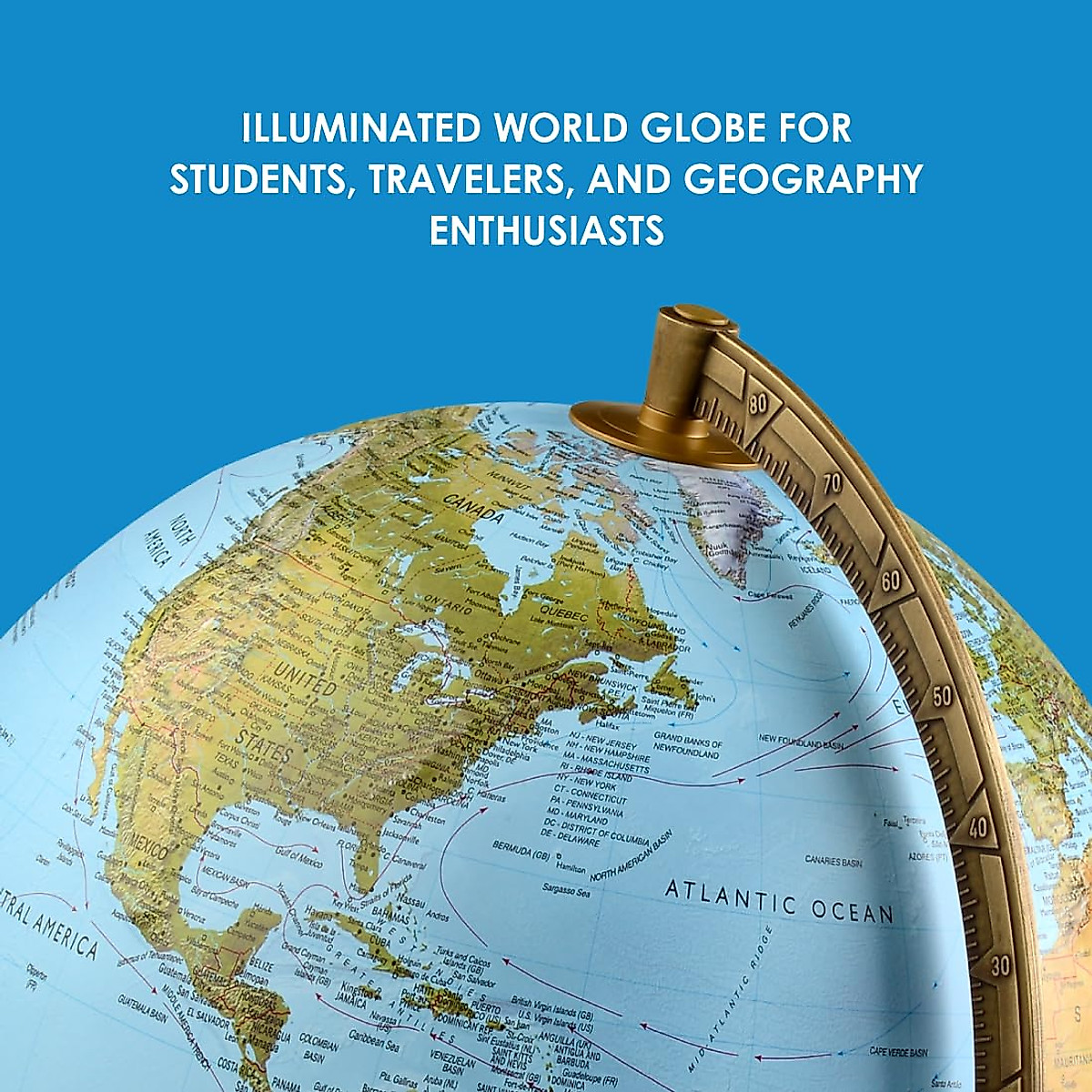 Waypoint Geographic Illuminated Desk Globe with Stand and Raised Relief Features - 1,000's of Up-to-Date Named Places & Points of Interest - Wood Stand (Blue)