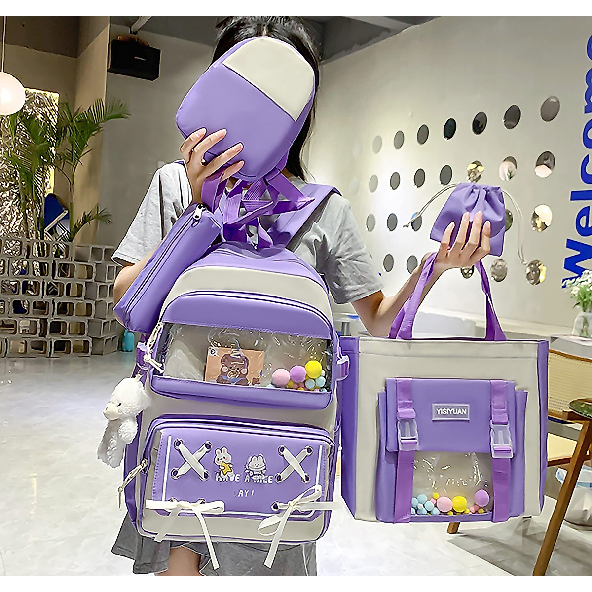 DUOBAOYU 5PCS Kawaii Backpack Set with Cute Pendants and Pins Accessories Aesthetic Rucksack for Teen Girls 17in Cute School Bags Bookbag with Shoulder Bag,Pencil Box,Tote Bag,Small Bag,Purple
