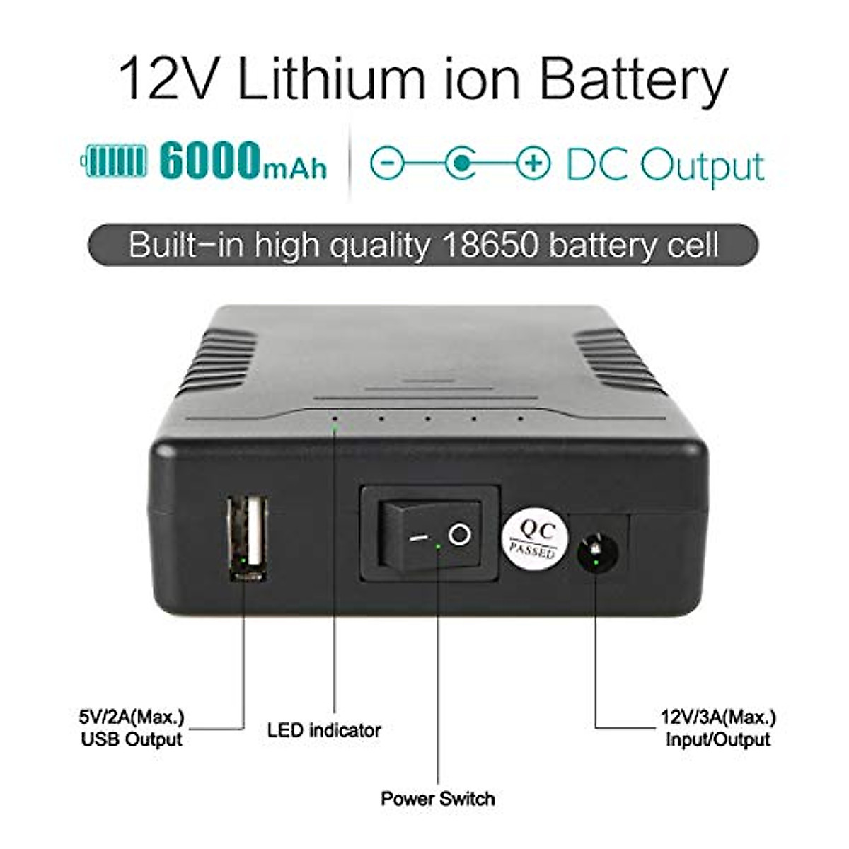 Talentcell Rechargeable 12V 6000mAh/5V 12000mAh DC Output Lithium ion Battery Pack for LED Strip and CCTV Camera, Portable Li-ion Power Bank with Charger, Black