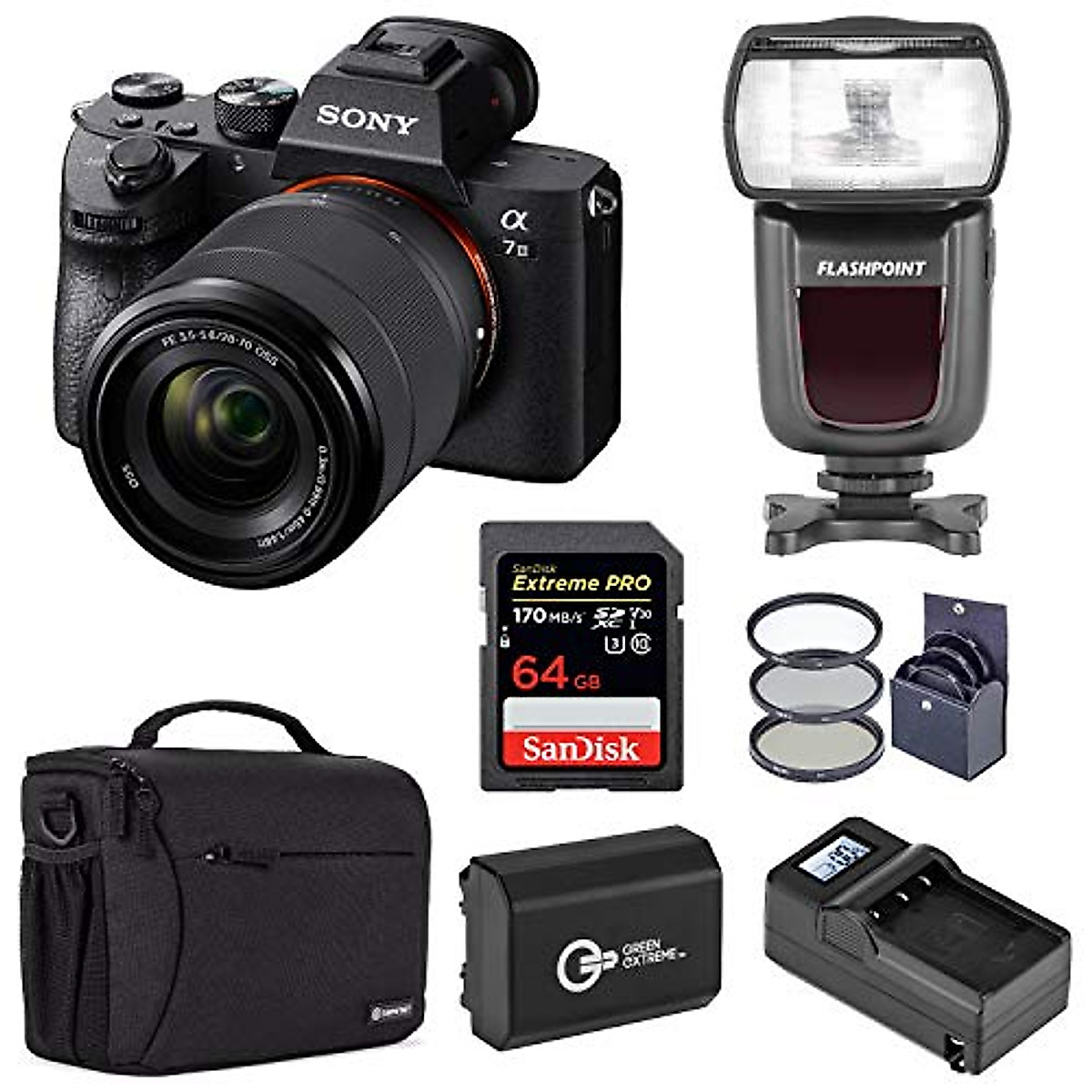 Sony Alpha a7 III Mirrorless Digital Camera with 28-70mm Lens Speedlight Bundle Flashpoint Zoom Li-ion R2 TTL On-Camera Flash, Bag, 64GB SD Card and Accessories