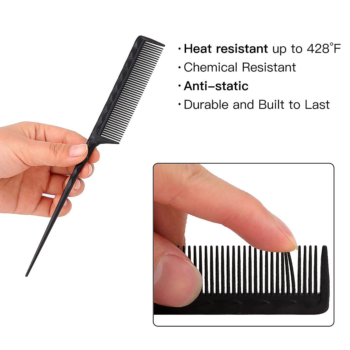 PERFEHAIR Heat Resistant Rat Tail Combs for Flat Iron Straightening, 2 Pieces Carbon Fiber Anti Static Styling Combs for Women, Fine and Wide Teeth, Black