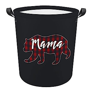 Mama Bear Plaid Foldable Laundry Basket Waterproof Hamper Storage Bin Bag with Handle 16.5"x 16.5"x 17"