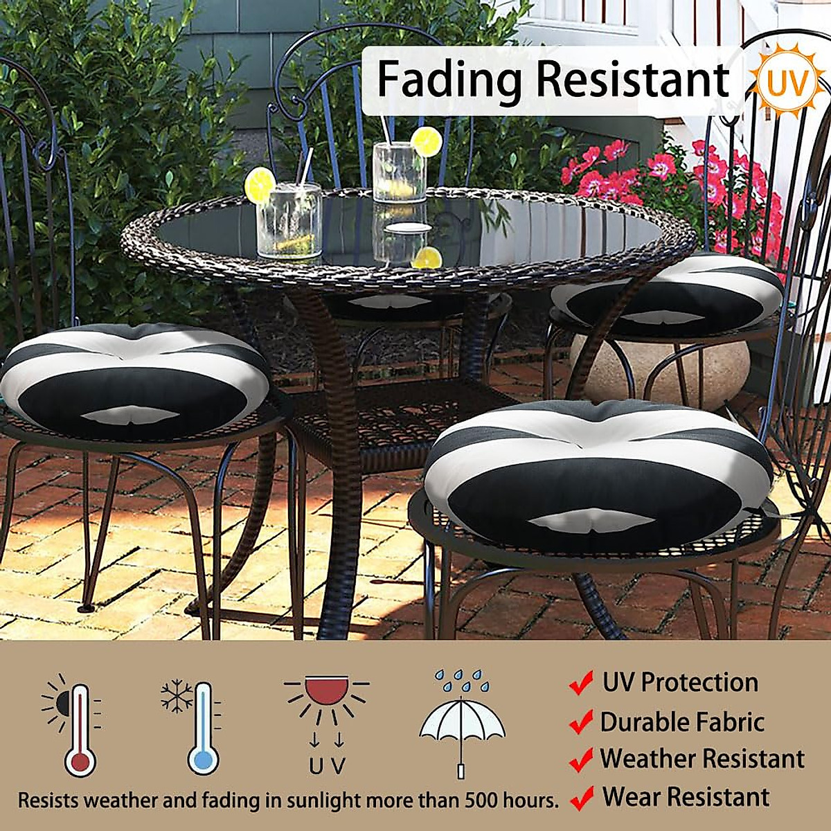 Magpie Fabrics Outdoor Round Bistro Seat Cushions with Ties, Fluffy Tufted Patio Chair Pads 15"x15"x4" Set of 2 Waterproof Floor Pillow for Home Garden Balcony Kitchen Office Porch, Black White Stripe