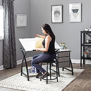 SD STUDIO DESIGNS 2 Piece Comet Center Plus, Craft Table and Matching Stool Set with Storage and Adjustable Top, Black/White, 50x23.75x29.5 inches