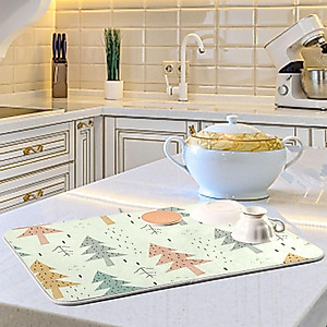 Red Yellow Christmas Cartoon Trees Memory Foam Dish Drying Mat Drying Mat For Kitchen Counter Drain Matt Dish Dryer Cloth 16 x 18 Inches