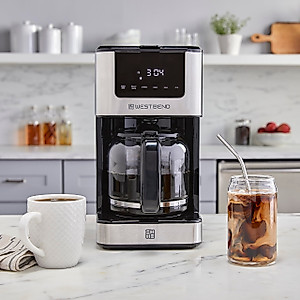 West Bend Drip Coffee Maker Brews Hot or Iced, Programmable with Brew Strength Selector Auto Shut-Off and 6 Functions Permanent Mesh Filter and Glass Carafe, 12-Cup, Metallic,Silver