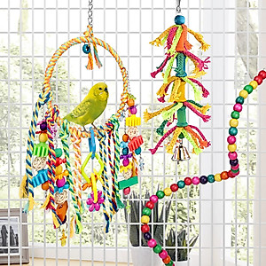 Bonjin Bird Parakeet Toys, Bird Swing Toy Bird Perch Colorful Chewing Toys, with Bells Hanging Toy Climbing Ladder Suitable for Budgerigar, Parakeet, Conure, Cockatiel, Mynah, Love Birds, Finches