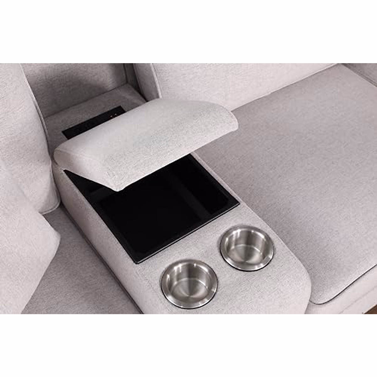 WOODRK Upholstered Sectional Sofa Set with Ottoman and Mobile Armless Chairs, Linen Couch with 2 Cup Holders, USB Ports and Storage Space, for Living Room, Apartment, Light Gray