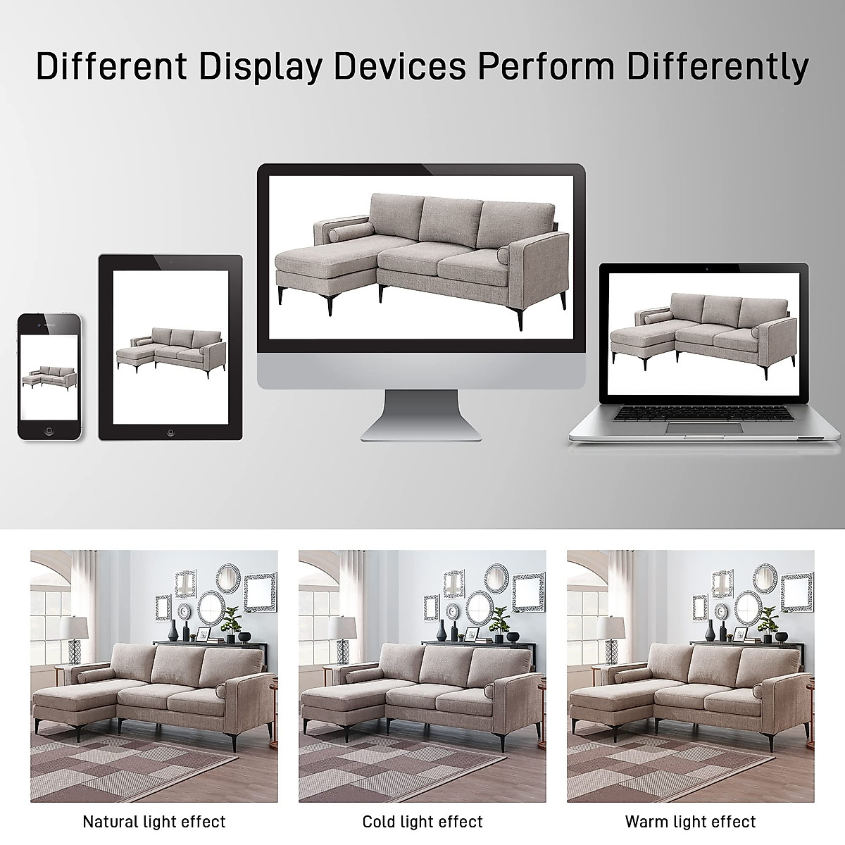 Prohon 86" L Shaped Modern Chenille Convertible Sectional Reversible Chaise Lounge and 2 Round Pillows, 4-Seat Couches Upholstered Small Space Sofas for Living Room, Apartment,Camel