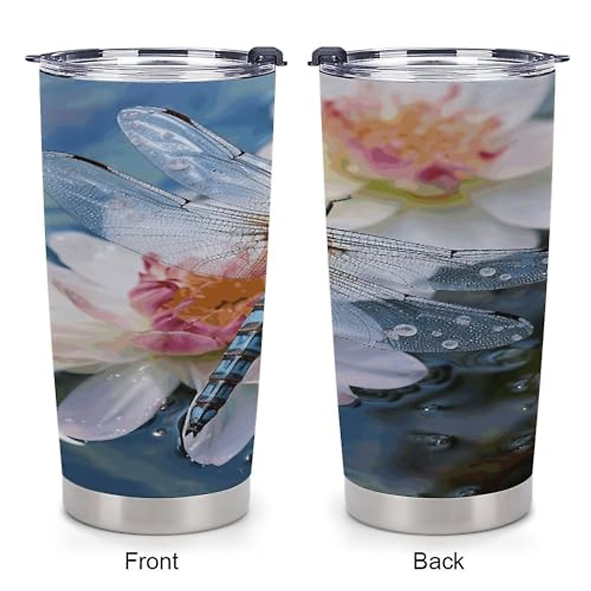 FHENMSA Reusable Plastic Water Cups with Lids,Dragonfly Lotus Print Anti-overflow Cup,sports Travel Coffee Cup