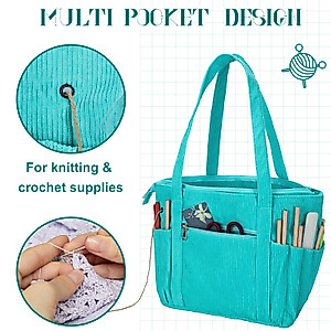 Cosblank Crochet Bag Tote Yarn Knitting Bag Corduroy Teal Yarn Storage Organizer for Crocheting Project Skein Knitting Needles Crochet Hooks Accessories