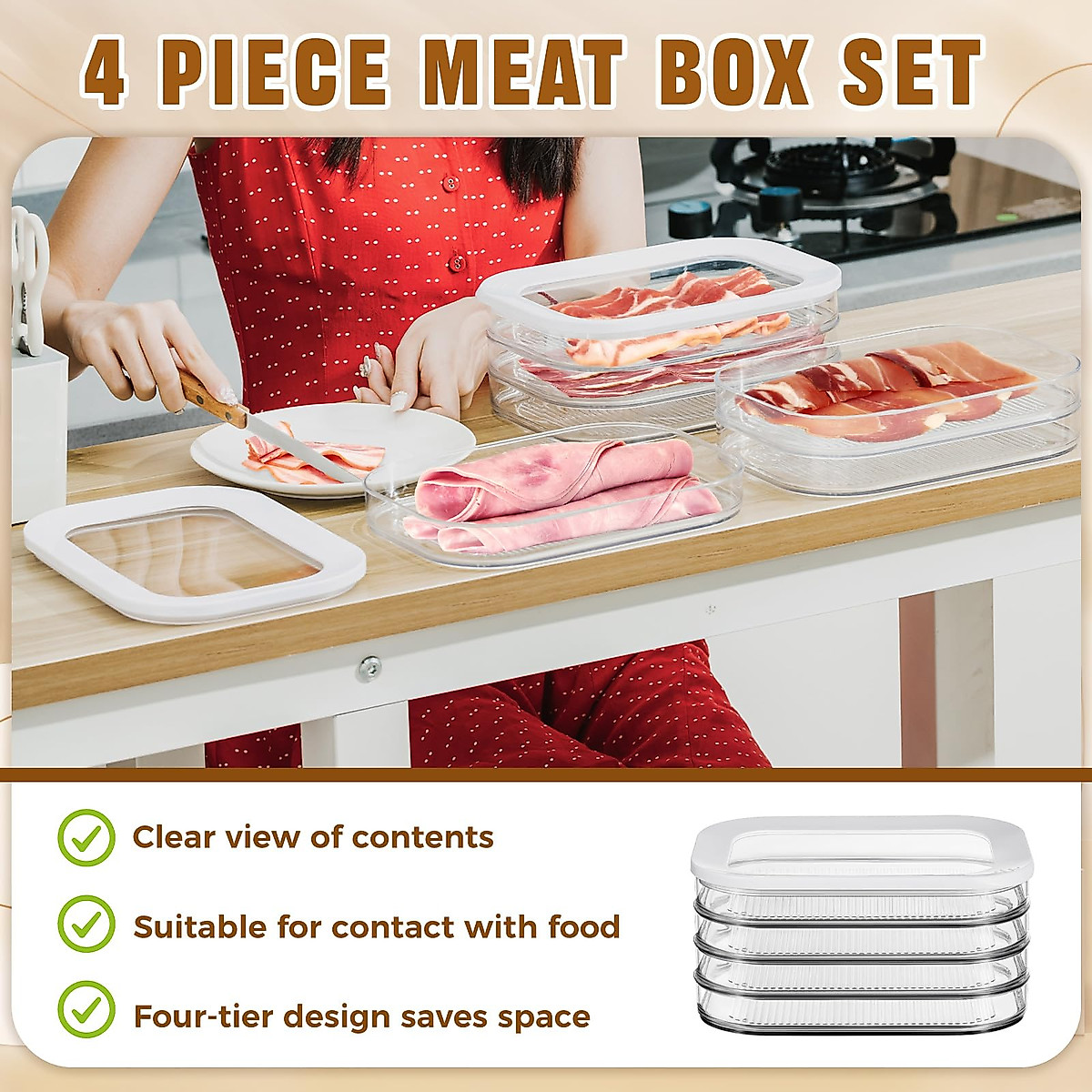 Tioncy Deli Meat Container for Fridge 4 Layer Stackable Lunch Meat Container with Lid for Refrigerator Food Storage Boxes for Cheese Turkey Pantry Lunch Bacon Cheese