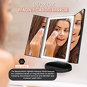 Beautyworks Backlit Makeup Vanity Mirror 36 LED Lights Touch-Screen Light Control, Tri-Fold 1/2/3X Magnification, Portable High-Definition Cosmetic Magnifying Personal Makeup Mirrors (Midnight Black)