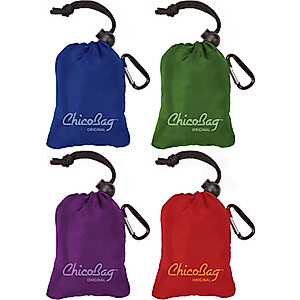 ChicoBag Original Reusable Grocery Bag with Attached Pouch and Carabiner Clip, Variety 4 Pack - Blue, Green, Purple, and Red