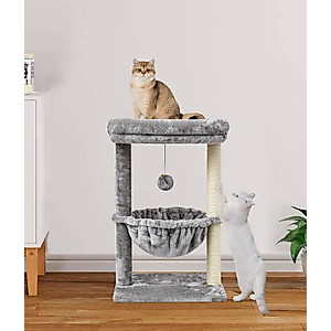 SYANDLVY Small Cat Tree for Indoor Cats, Activity Cat Tower with Scratching Post for Kittens, Cat Bed & Furniture with Basket & Hanging Ball for Play Rest
