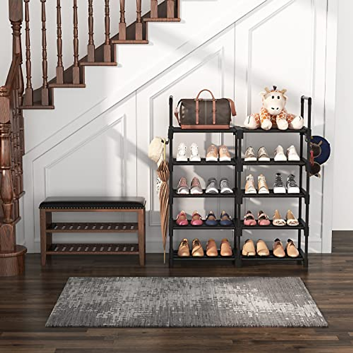 ROJASOP Shoe Rack Organizer for Closet Entryway, 20 Pairs 5-Tier Stackable Shoe Rack Storage Shelf for Hallway Bedroom Garage Dorm Free Standing Shoe Racks with Side Hooks Space Saving Shoe Rack