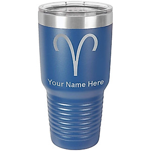 LaserGram 30oz Vacuum Insulated Tumbler Mug, Zodiac Sign Aries, Personalized Engraving Included (Dark Blue)