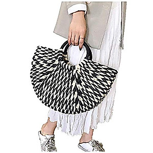 Simcat Straw Handbag, Women's Rattan Handbag Summer Beach Wattled Top Handle Bag Handwoven Tote Bag (Black)