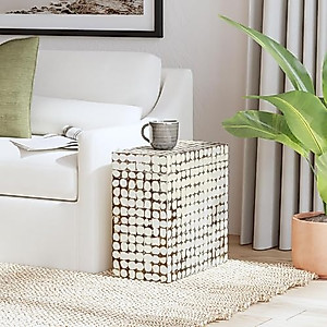 East at Main Rectangle Side Table - Real Coconut Shell Mosaic Inlaid, Pre-Assembled, Natural Wood and Patina Finish, Storage Side Table(White/Rectangle)