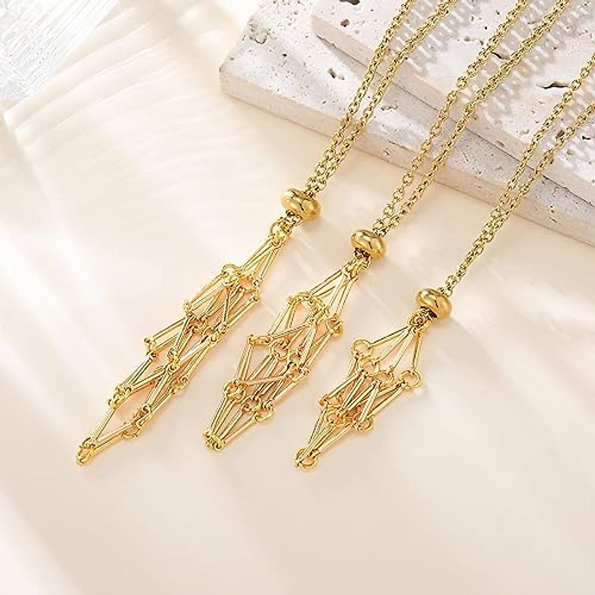 Tyniffer Crystal Holder Necklaces Cage Real Natural Gemstone Necklace Holder Adjustable Gold and Silver Cage Necklace for Women Men (Large, No Stone, Gold)