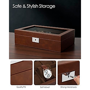 GUKA Watch Box, Luxury 10 Slot Watch Case with 55MM Wide Velvet Pillows, Watch Organizer Storage with Real Glass Lid, Watch Display Case for Men and Women Gift, Brown