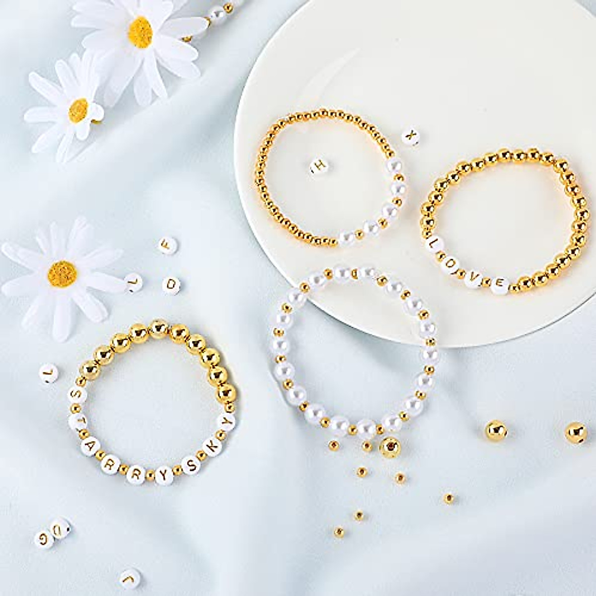 1800Pcs Beads Making Kit, 1500Pcs Gold Round Spacer Beads Smooth Loose Ball Beads, 150Pcs Alphabet Beads, 150Pcs White Pearls Beads and 2 Rolls Elastic String for DIY Bracelet Jewelry Craft