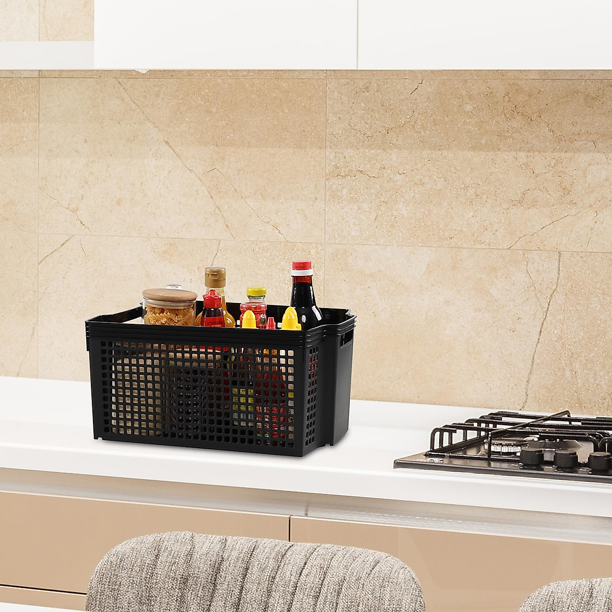 Obstnny 6-Pack Large Plastic Storage Baskets, Stackable Storage Basket Bin, Black